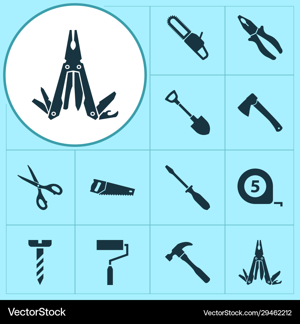 Handtools icons set with pliers bolt shovel Vector Image
