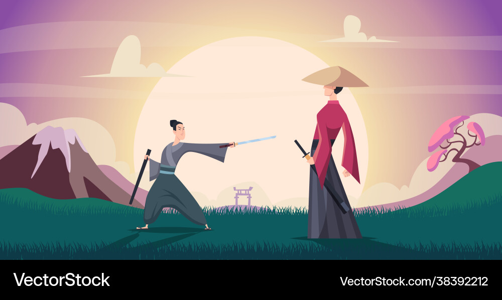 Samurai background warriors in action poses asian Vector Image