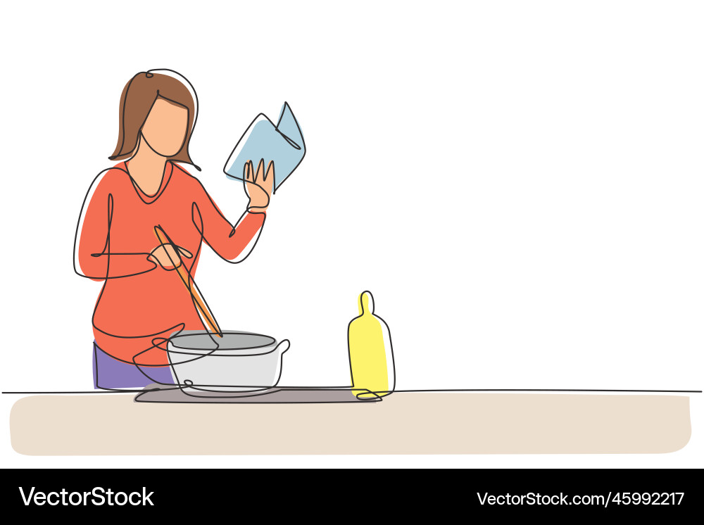 Single one line drawing young woman cooking while Vector Image