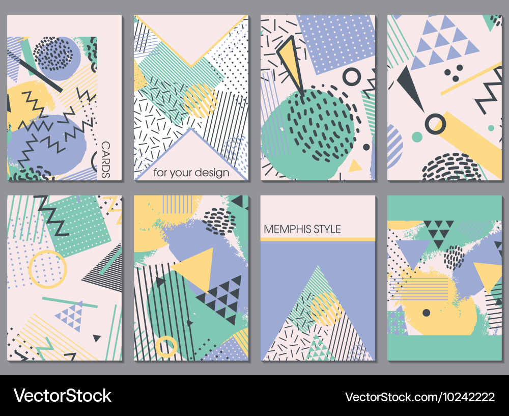 Set eight cards in memphis style Royalty Free Vector Image