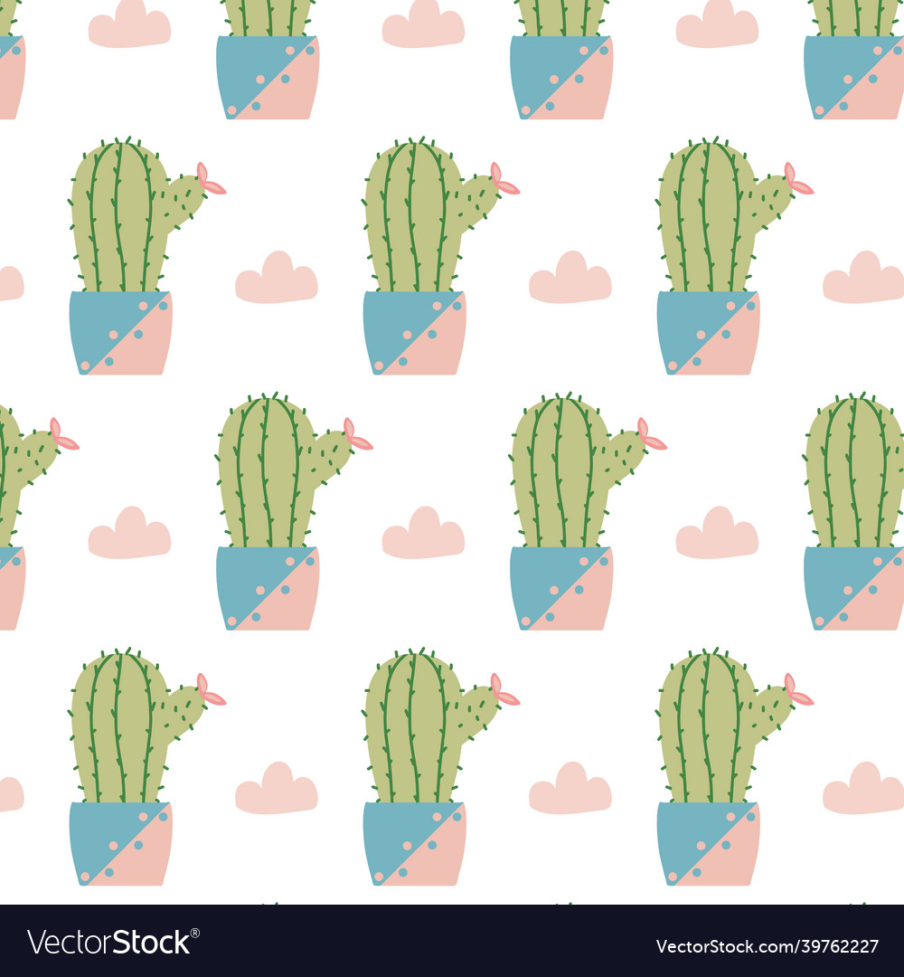 Hand Drawn Seamless Pattern With Cactuses In Pots Vector Image