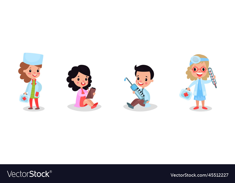 Kids in medical uniform playing doctors and nurses