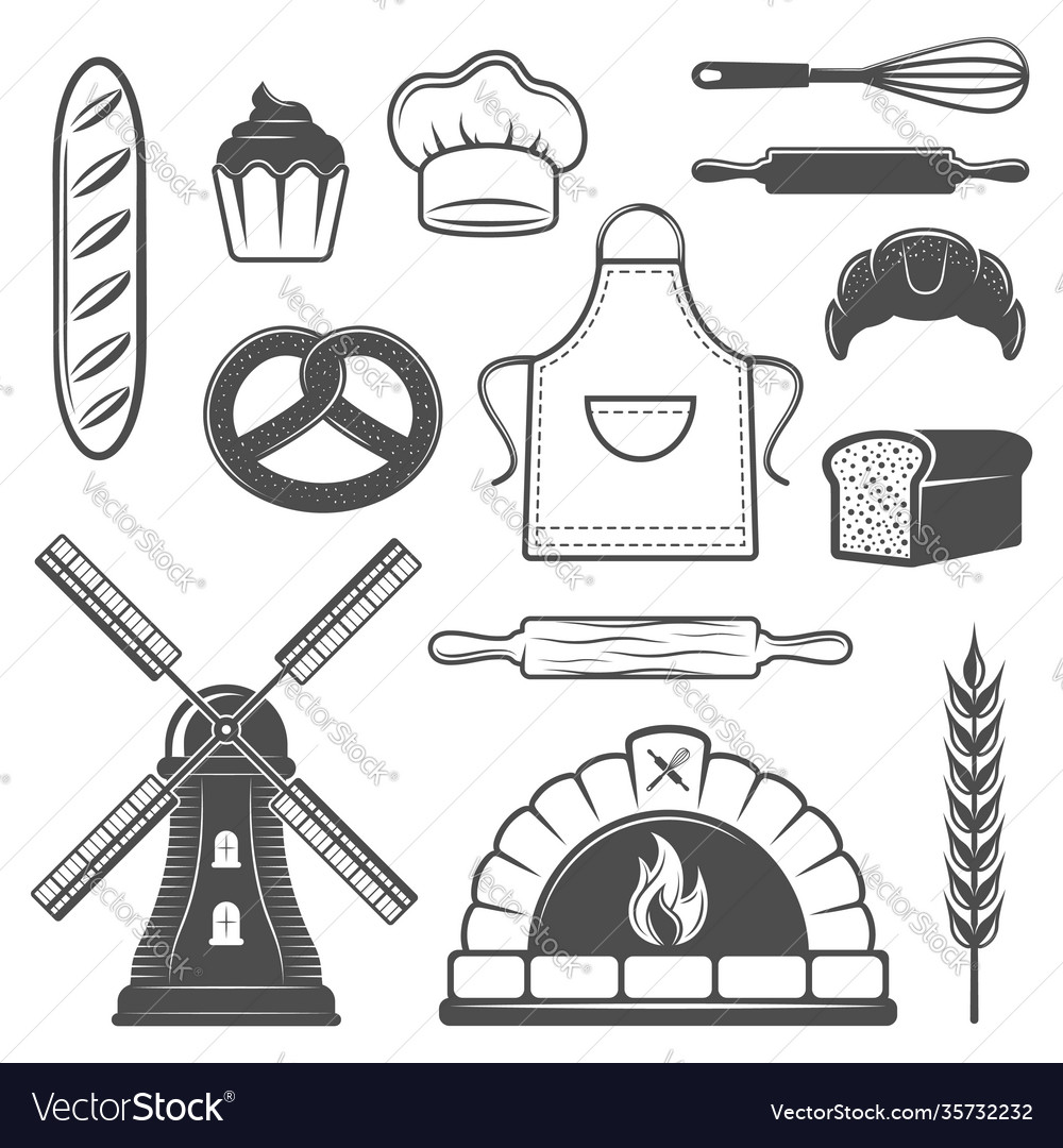 Bakery monochrome elements set Royalty Free Vector Image