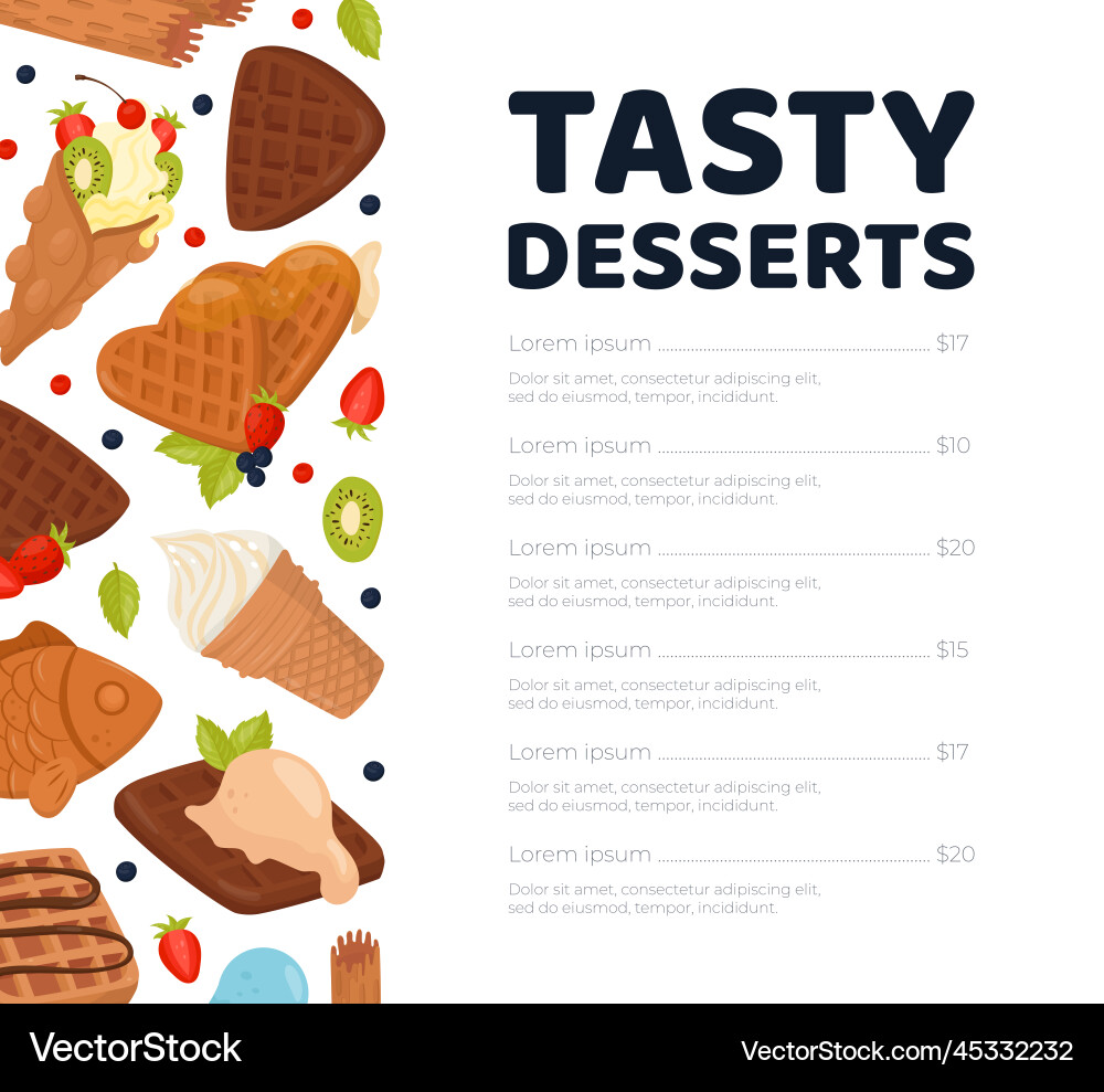 Tasty desserts menu layout for cafe or restaurant Vector Image