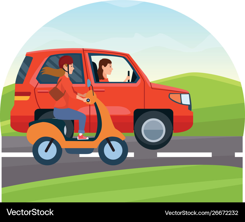 Vehicle and motorcycle with drivers riding Vector Image