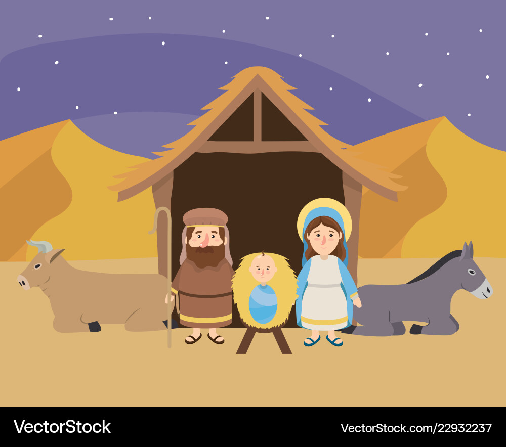 Jesus between mary and joseph with donkey mule Vector Image