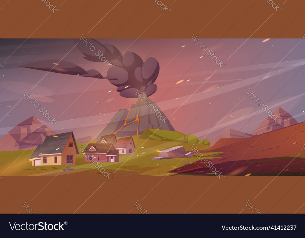 Volcano eruption scene with cottages disaster Vector Image