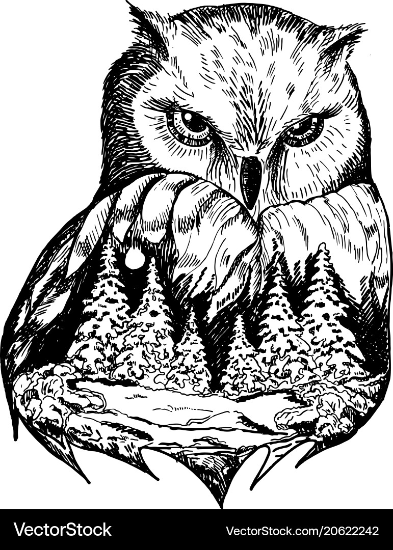 Stylized owl with nature landscape ink Royalty Free Vector