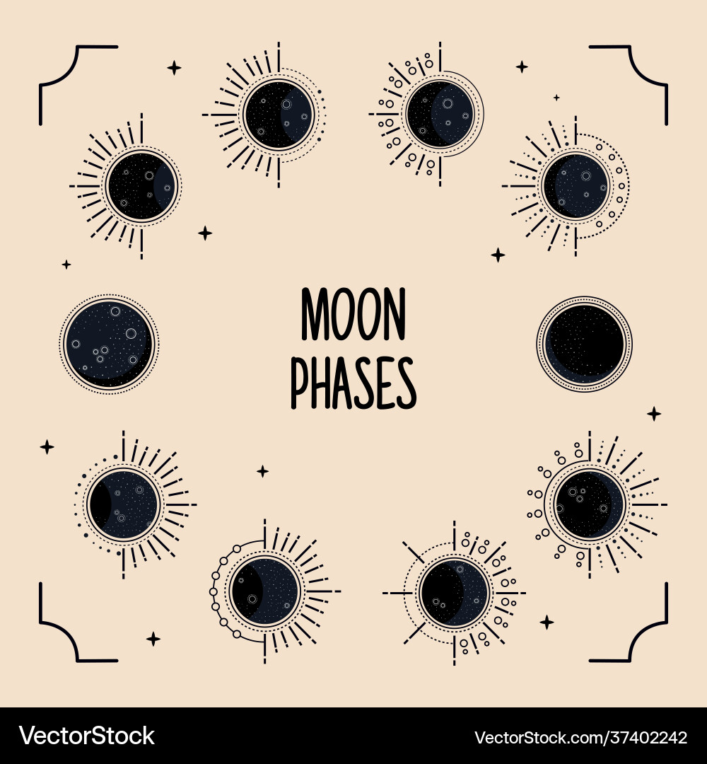 Ten moons phases and lettering Royalty Free Vector Image