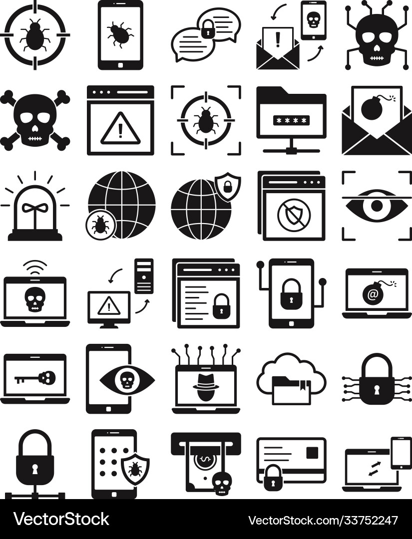 Cyber crime and hacking isolated icons set Vector Image