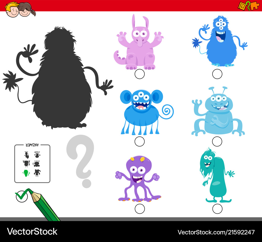 Shadows game with cartoon monster characters Vector Image