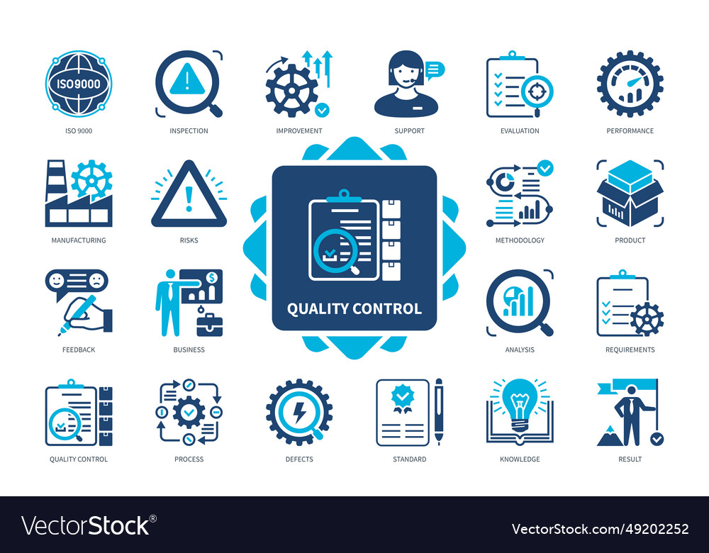 Quality control solid icon set Royalty Free Vector Image