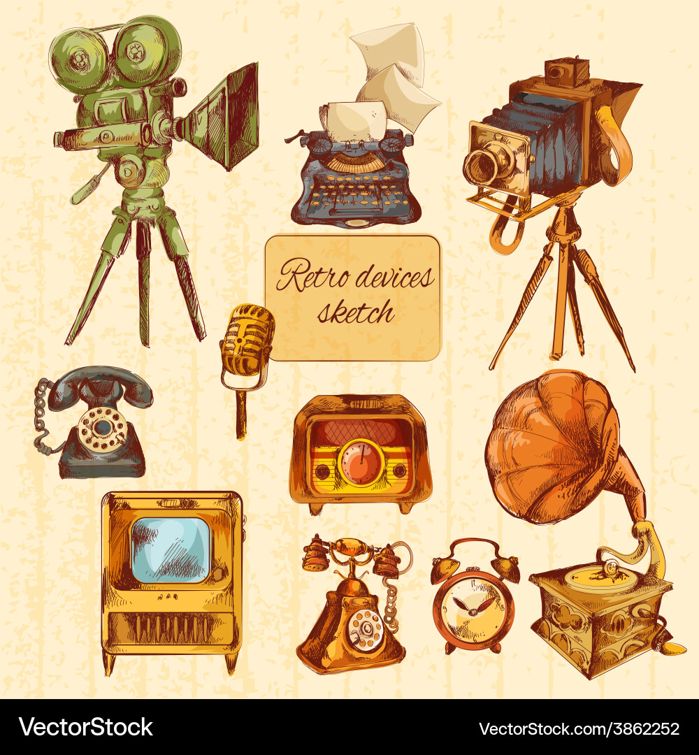 Retro Devices Sketch Colored Royalty Free Vector Image