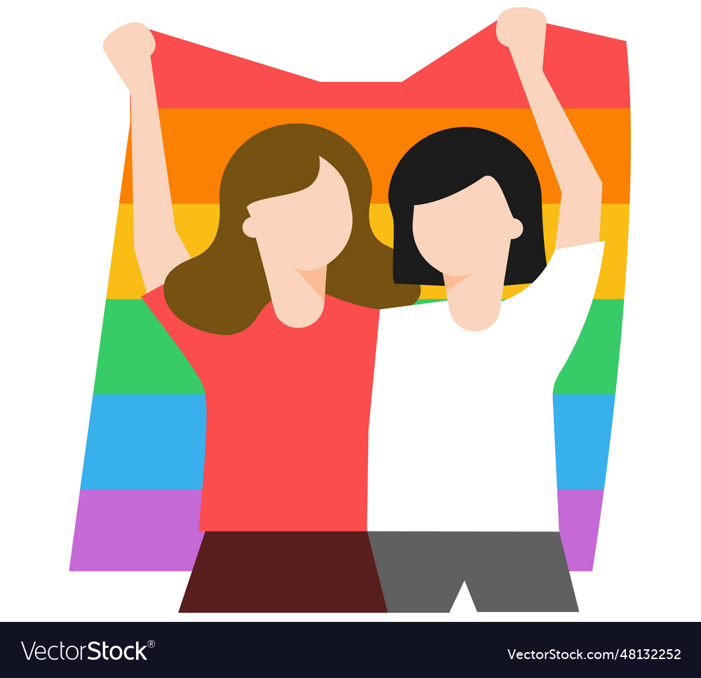 Two women holding rainbow flag Royalty Free Vector Image