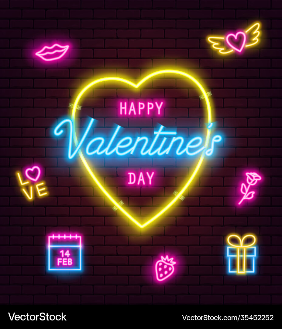 Valentines day neon sign on brick wall background Vector Image