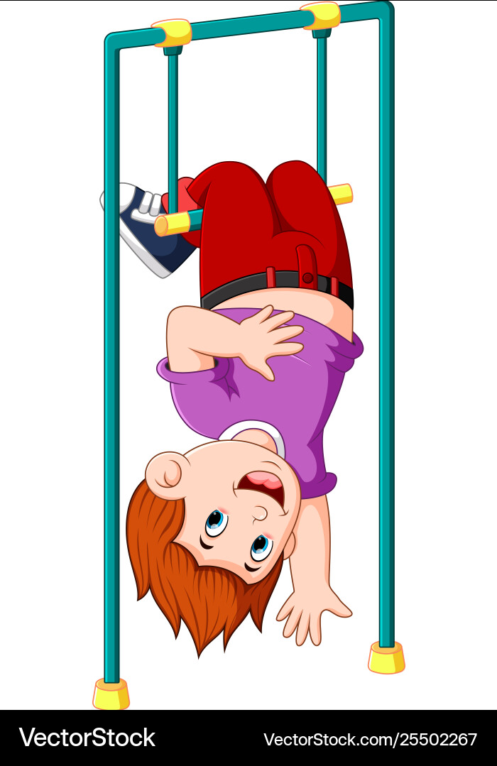Boy is hanging on monkey bar with is legs Vector Image