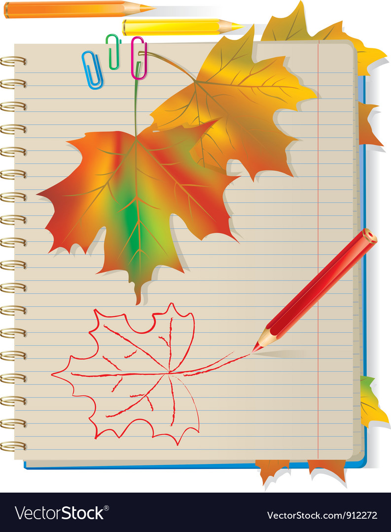 Autumn color leaves in school notebook Royalty Free Vector