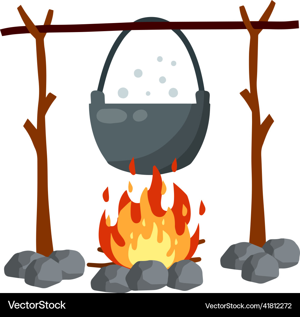 Cooking on fire in pot cauldron and campfire Vector Image