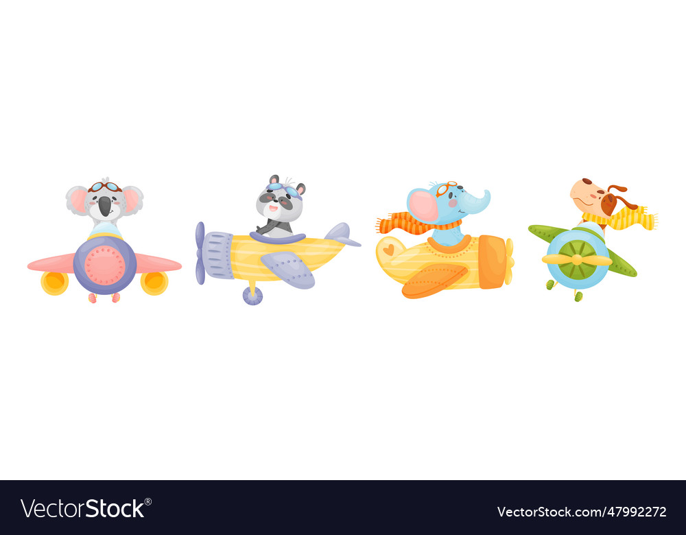 Cute baby animals pilot flying plane set Vector Image