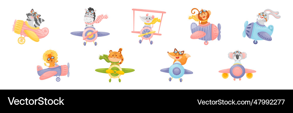 Cute baby animals pilot flying plane set Vector Image