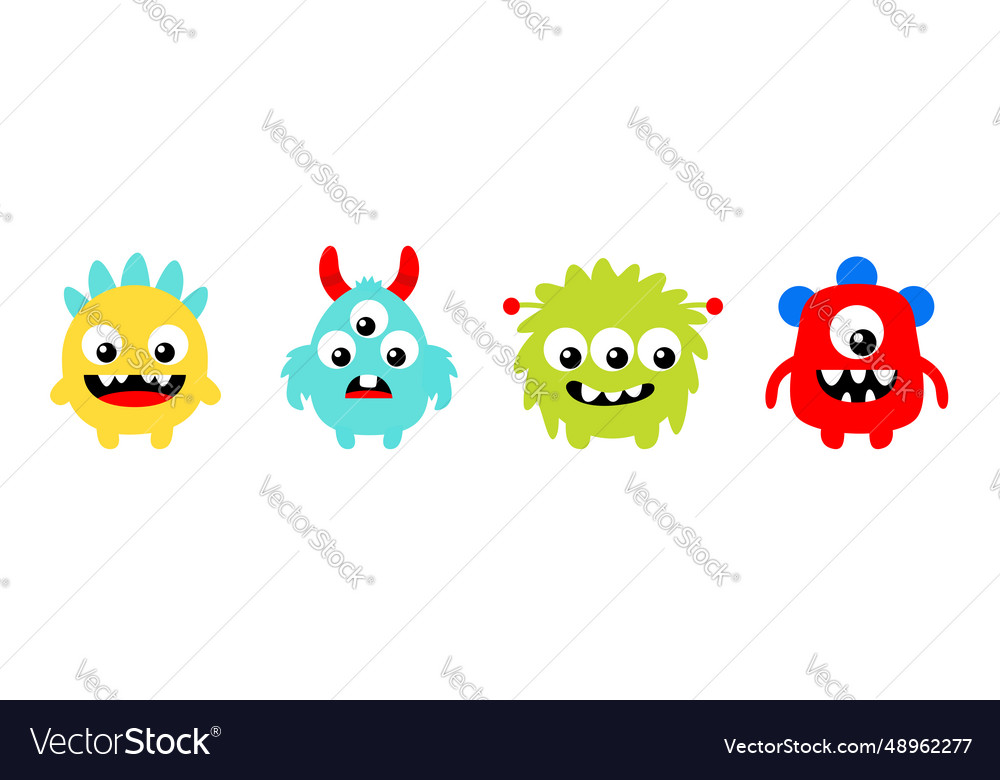 Monster set line happy halloween cute face head Vector Image