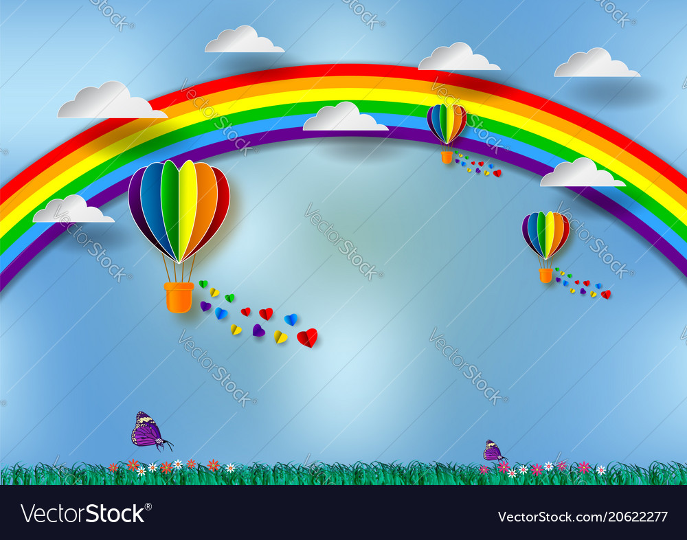Paper cut heart shape with rainbow and balloons Vector Image