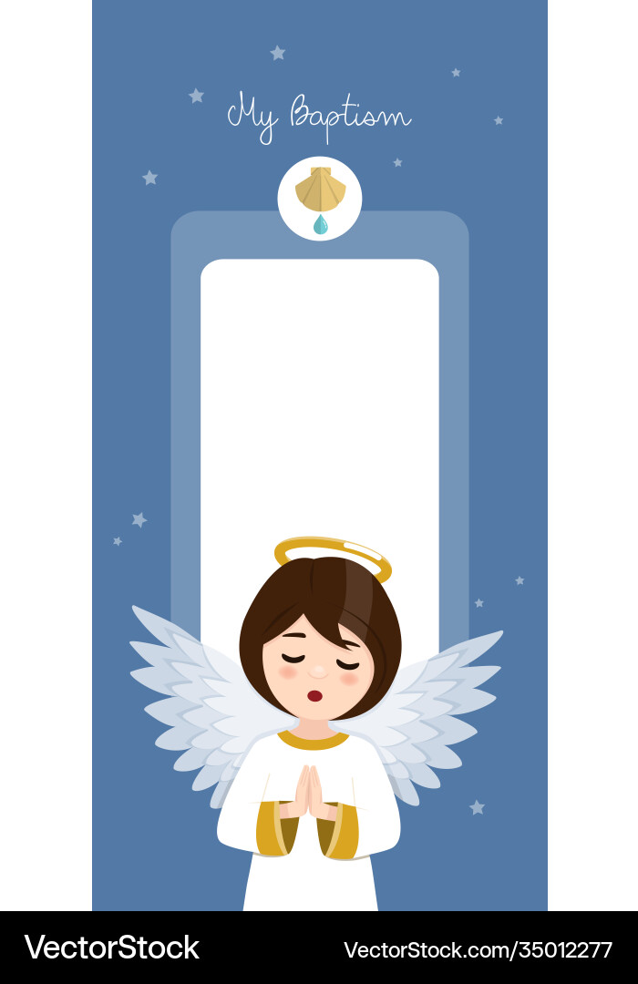 Praying angel baptism vertical invitation on blue Vector Image