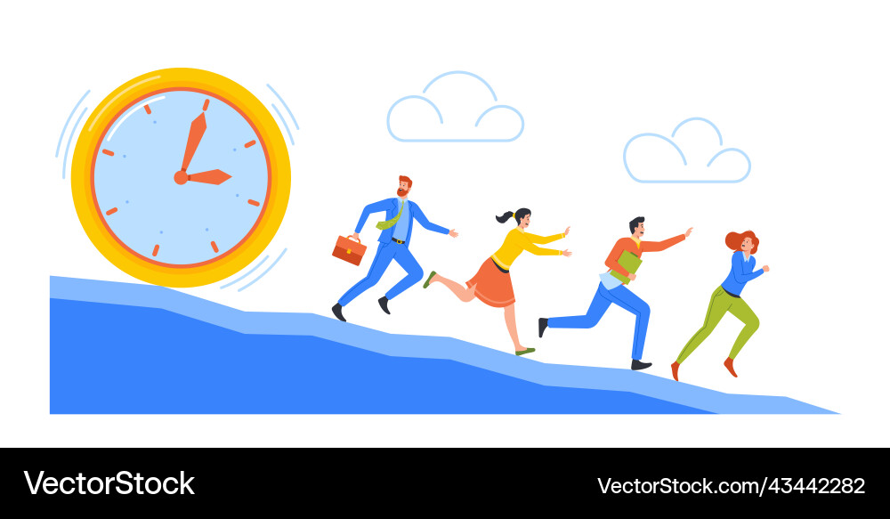 Business people run away from huge clock down Vector Image