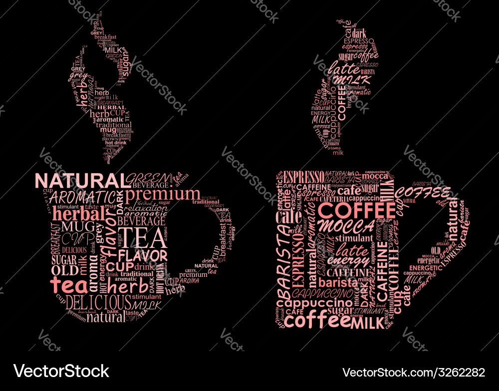 Cups of coffee and tea formed from text clouds Vector Image