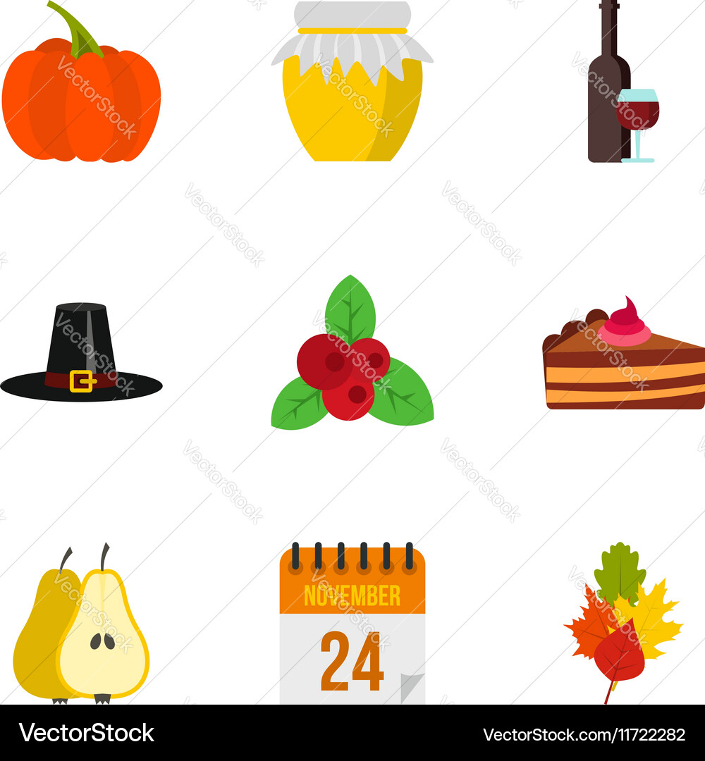 Thanksgiving day icons set flat style Royalty Free Vector