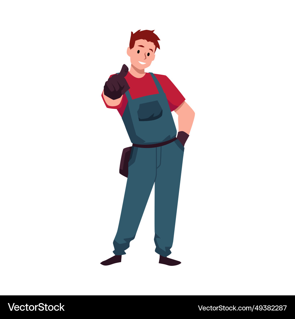 Worker man in overalls pointing hand finger Vector Image