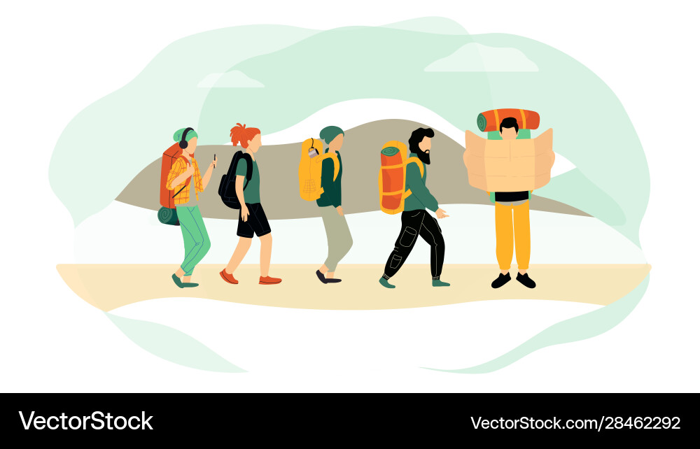 Cartoon characters hiking people backpacking Vector Image