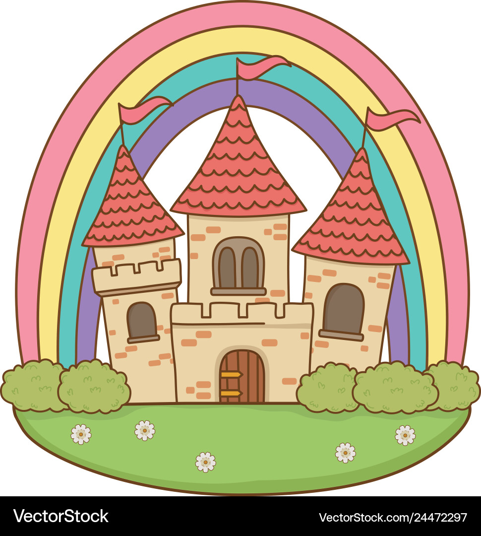 Fairytale castle with rainbow in field scene Vector Image