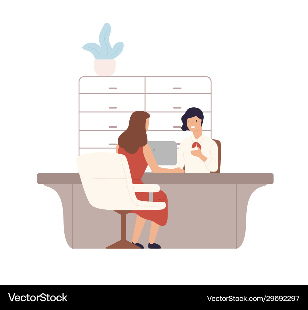 Friendly female bank worker providing services Vector Image