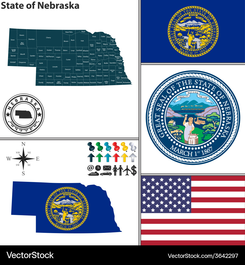 Map of nebraska with seal Royalty Free Vector Image