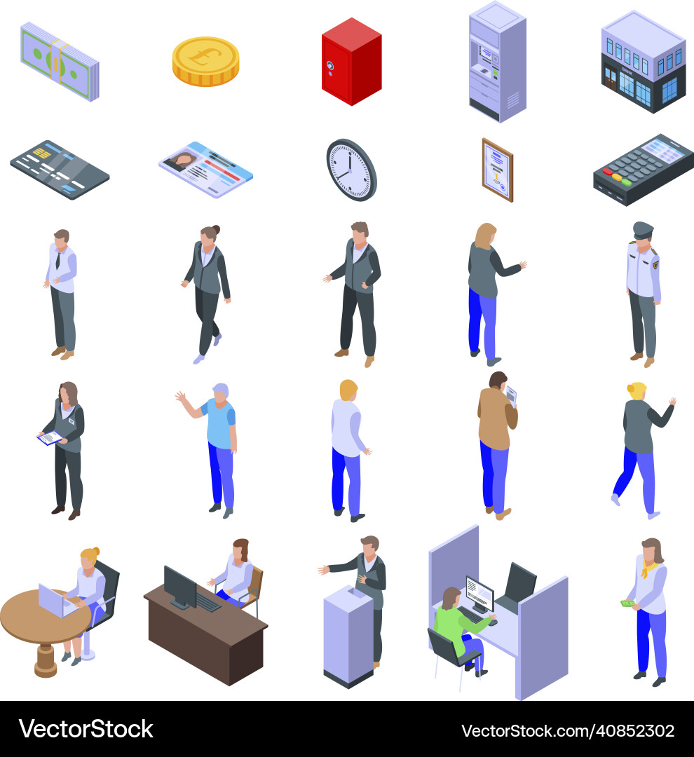 Bank teller icons set isometric style Royalty Free Vector