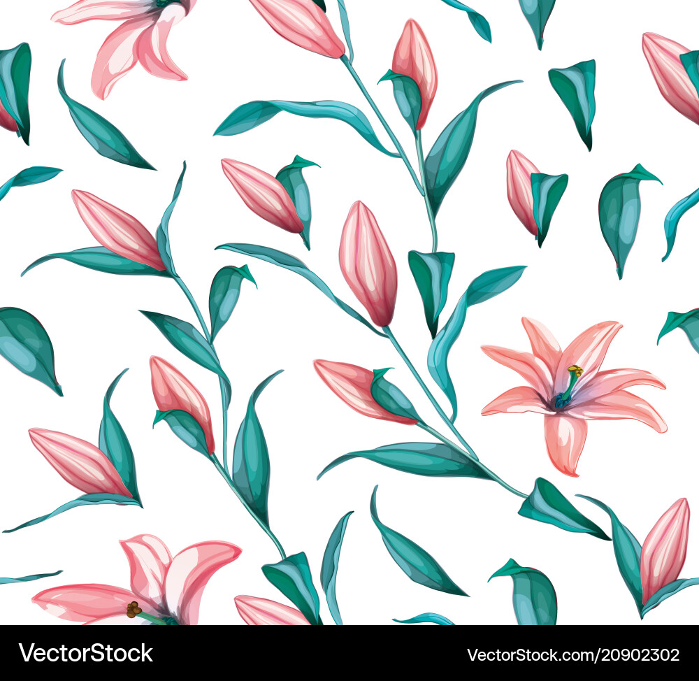 Realistic pink lily blossom leaves stem set Vector Image