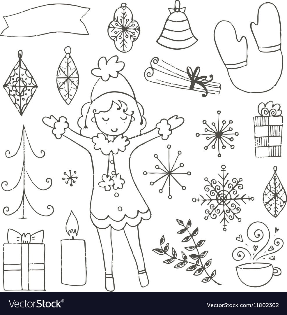 Winter hand drawn elements collection Royalty Free Vector