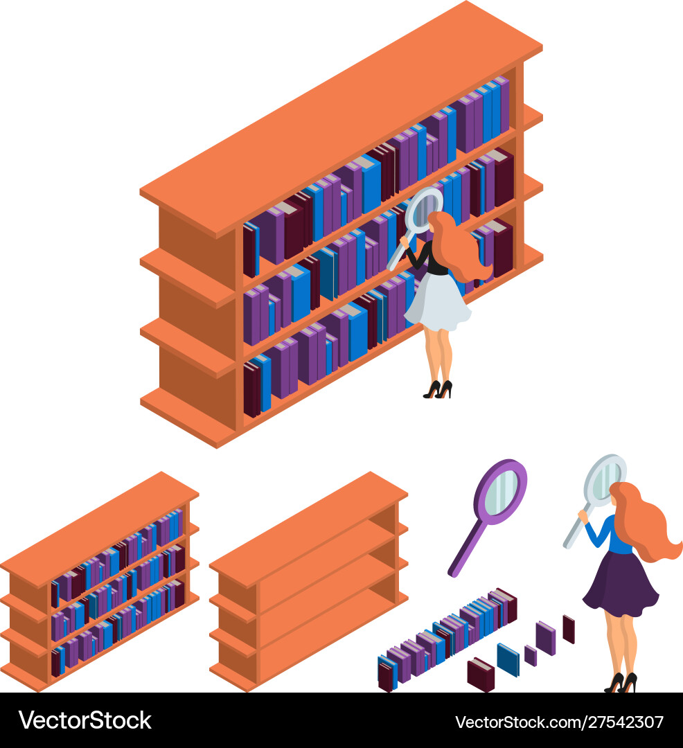 Girl in library bookcase looking Royalty Free Vector Image