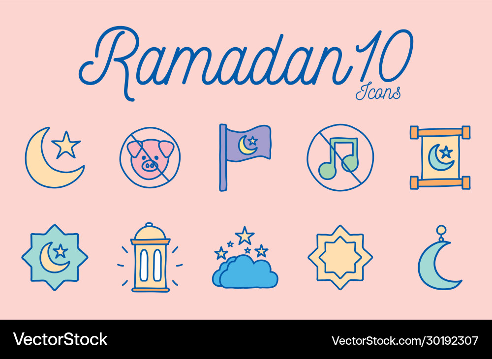 Ramadan line and fill style icon set design Vector Image
