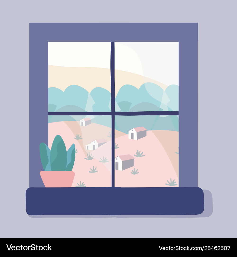 Window view over village on hills Royalty Free Vector Image