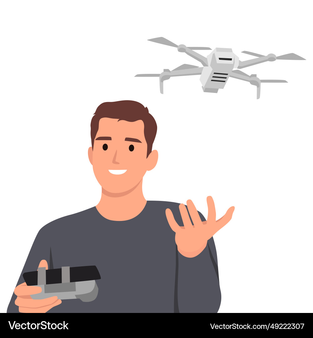 Young man with drone quadrocopter remote aerial Vector Image