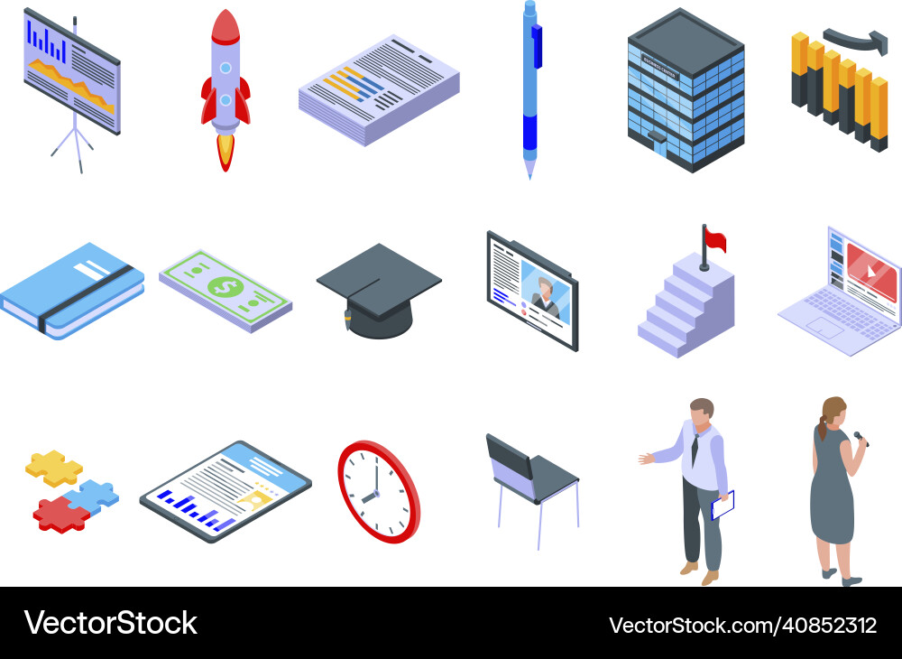 Business training icons set isometric style Vector Image
