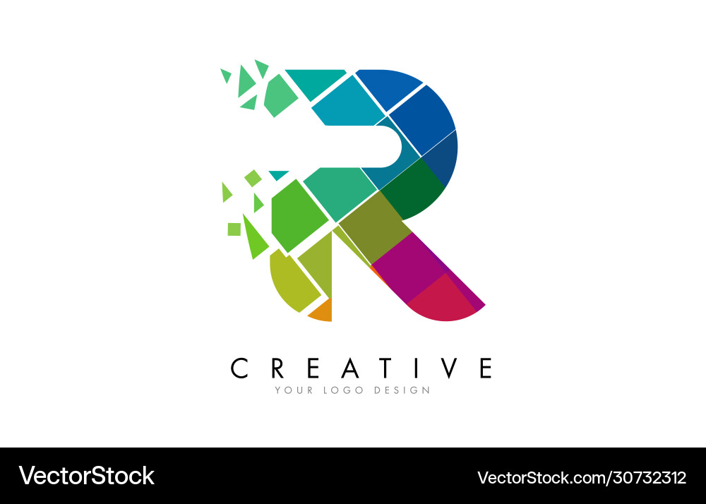 Letter r design with rainbow shattered blocks Vector Image