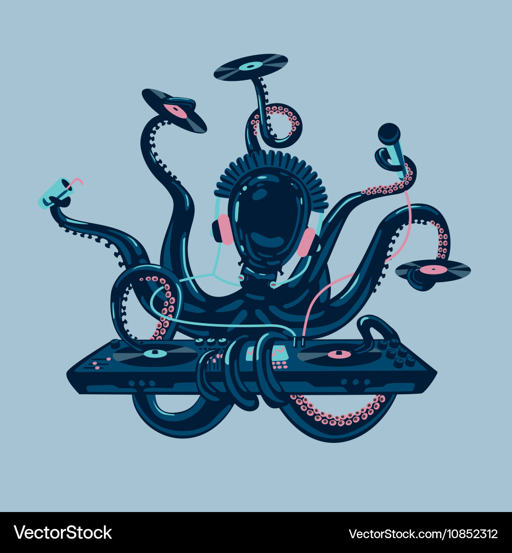 Octopus dj with vinyl disc and turntable live Vector Image