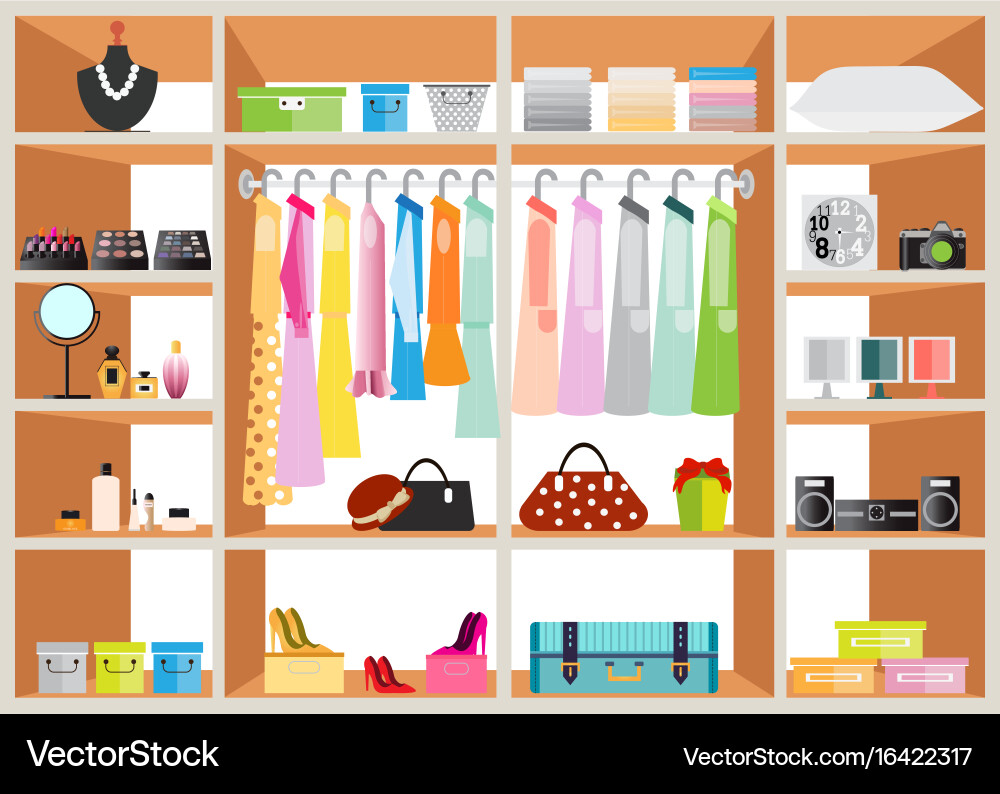 Flat design walk in closet with shelves Royalty Free Vector