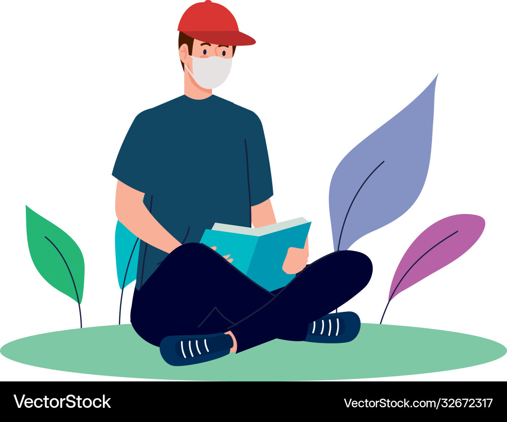 Man with mask reading a book at park design Vector Image