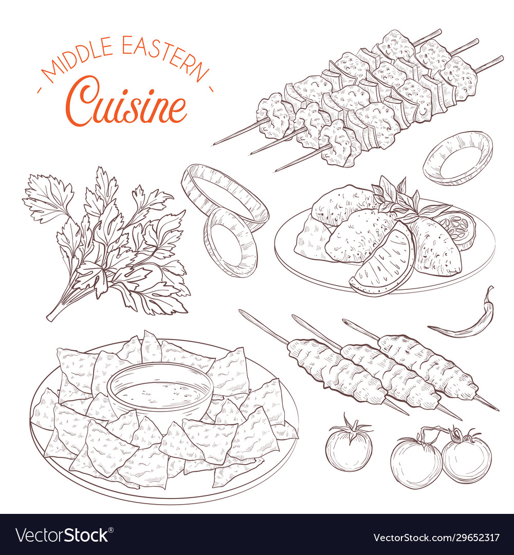 Middle eastern cuisine arabian dishes Royalty Free Vector