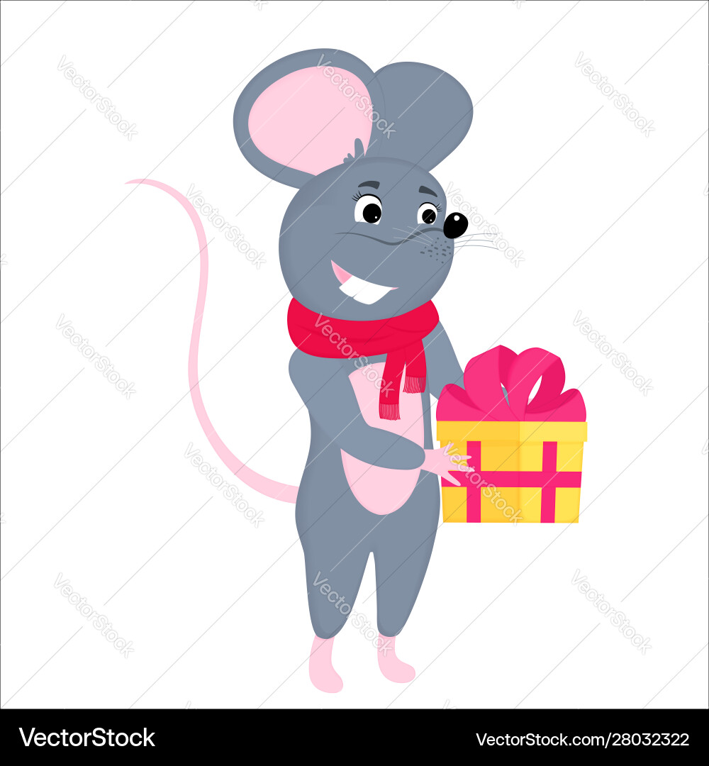 Gray cartoon mouse holds a box with a gift rat Vector Image