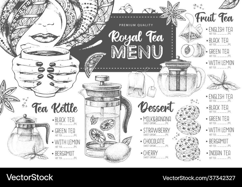 Hand drawing artistic restaurant royal tea menu Vector Image